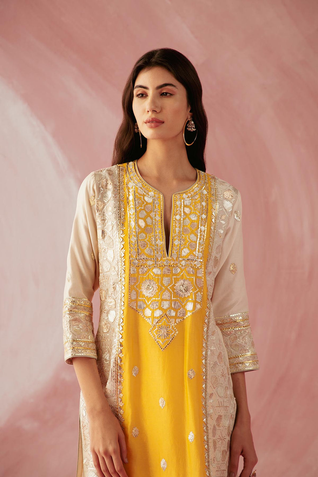 Ivory & Yellow Color Block Kurta Set – Sureena Chowdhri